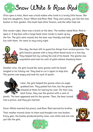 Snow White & Rose Red Reading Comprehension | Teaching Resources