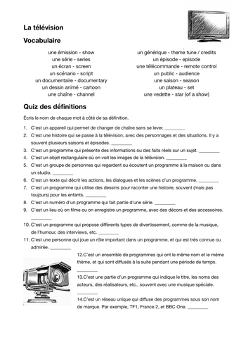 French - Television Topic Worksheet | Teaching Resources