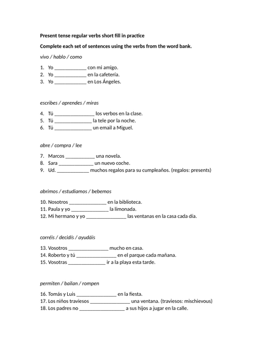 Present tense regular verbs short fill in practice | Teaching Resources