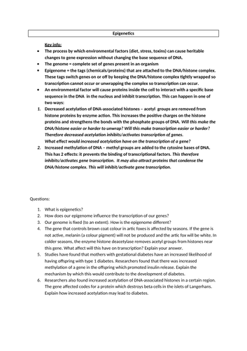 Epigenetics A level Biology | Teaching Resources