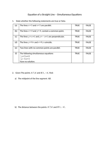 Equation of a Straight Line – Simultaneous Equations Review Worksheet ...