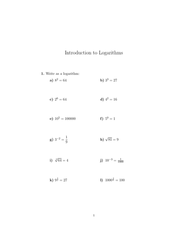 Introduction to Logarithms Worksheet (with solutions) | Teaching Resources
