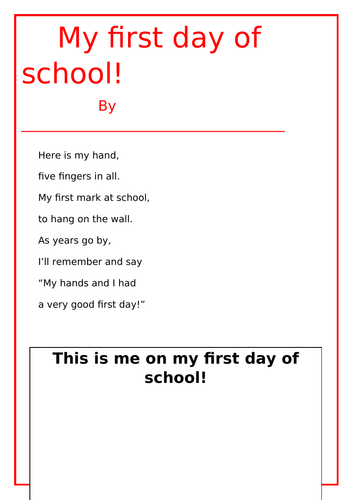 Reception First Day of School Handprint, Poem and Picture | Teaching ...