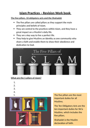 The five pillars, 10 Obligatory Acts and the Shahadah GCSE booklet ...