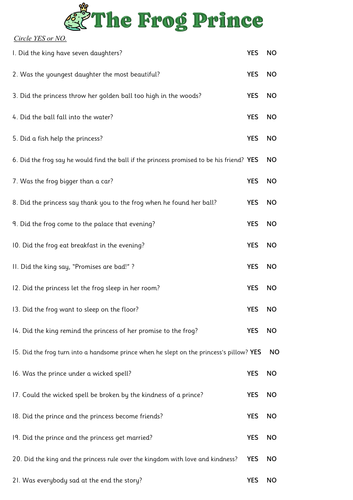 Frog Prince Reading Comprehension | Teaching Resources