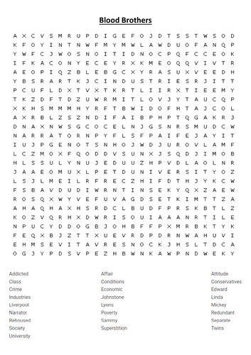 Blood Brothers Wordsearch | Teaching Resources