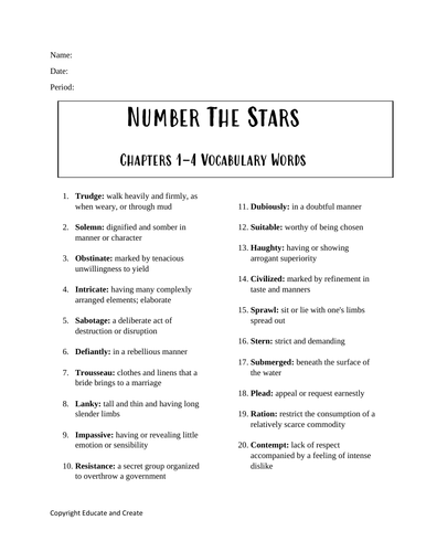 Number The Stars Vocabulary Lists and Quizzes | Teaching Resources