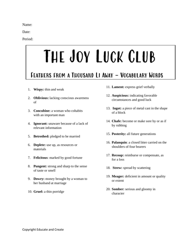 The Joy Luck Club - Vocabulary Lists and Quizzes | Teaching Resources
