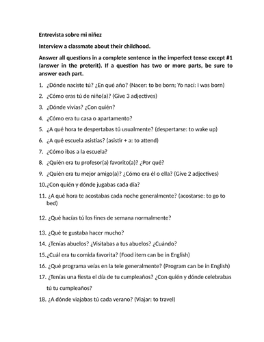 Entrevista sobre mi niñez (Imperfect tense) | Teaching Resources