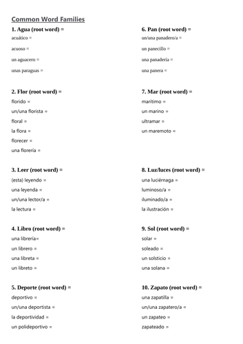 Common root words in Spanish | Teaching Resources