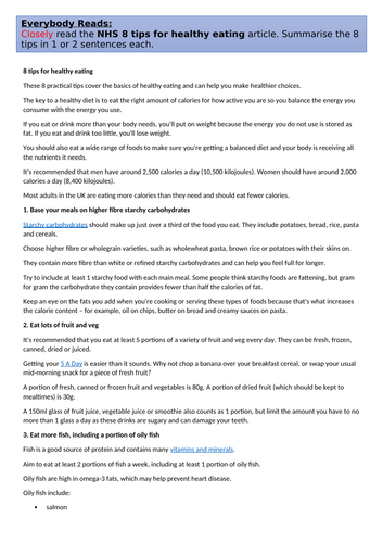 CTEC Health & Social Level 3, Unit 10 - Nutrition for Health, LO1-2 ...