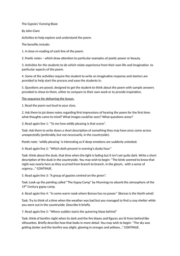 The Gypsies Evening Blaze by John Clare - ten activities | Teaching ...