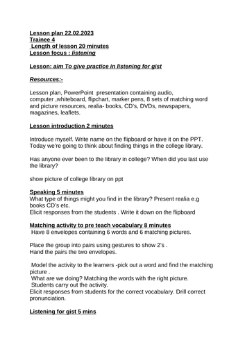 Elementary level ESOL lesson listening for gist ' The Library ...