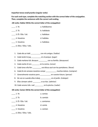 Imperfect tense small practice (regular verbs) | Teaching Resources