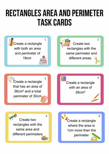 Rectangles area and perimeter task cards activity | Teaching Resources
