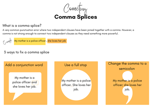 Comma Splices Explanation & Worksheet | Teaching Resources