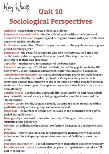 Sociological Perspectives Key words | Teaching Resources