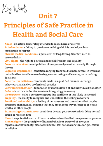 Health and Social Care Unit 7 Key Words | Teaching Resources