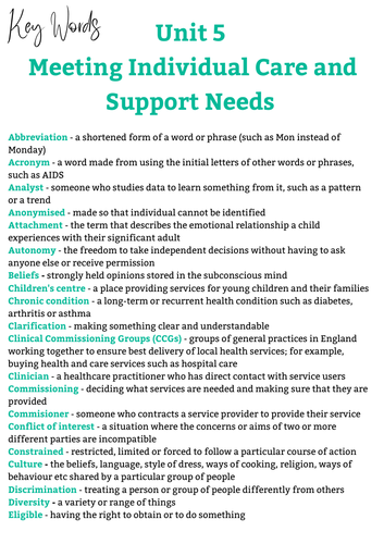 Health and Social Care Unit 5 Key Words | Teaching Resources