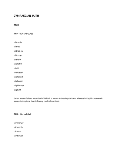 Welsh Language Home School Resource: grammatical rules with 'tri' and ...