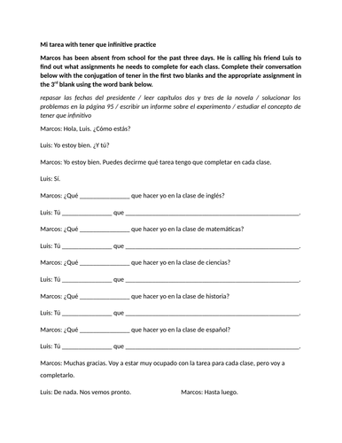 Mi tarea with tener que infinitive practice | Teaching Resources