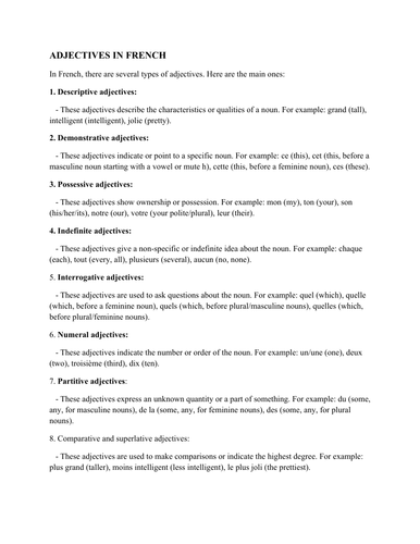 All French Adjectives (Gender & number agreement). | Teaching Resources