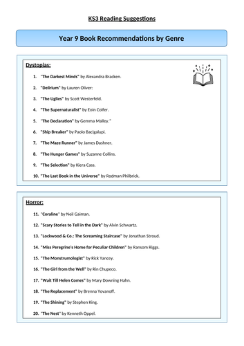 Year 9 Book Recommendations by Genre! (Comprehensive) | Teaching Resources