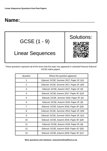 Linear Sequences (nth term). GCSE Maths Past Paper Questions (Edexcel ...