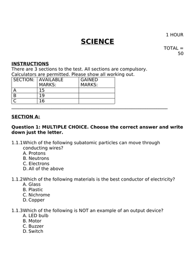 STATIC ELECTRICITY AND CIRCUITS TEST | Teaching Resources