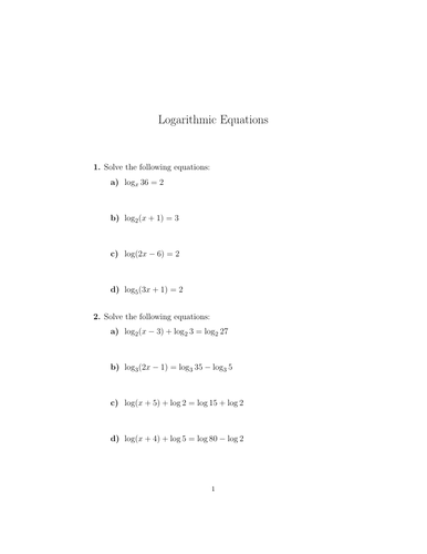 Logarithmic Equations Worksheet No 3 (with solutions) | Teaching Resources