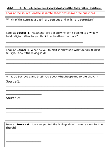 Viking Raid on Lindisfarne using historical sources sheet | Teaching ...