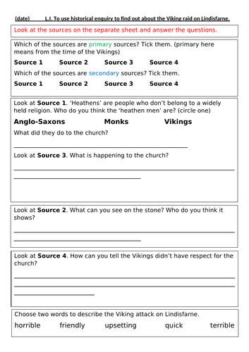 Viking Raid on Lindisfarne using historical sources sheet | Teaching ...