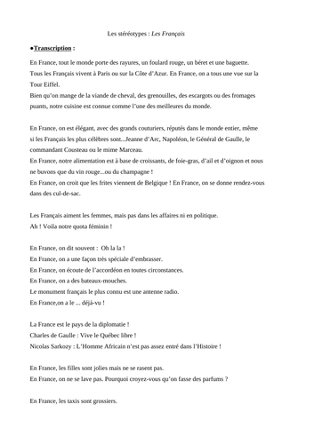 Les stéréotypes sur les Français (Y12) | Teaching Resources