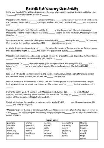 Macbeth Plot Summary Cloze | Teaching Resources