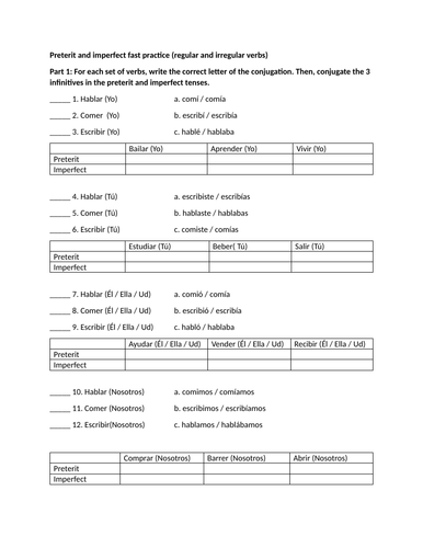 Preterit and imperfect fast practice (regular and irregular verbs ...