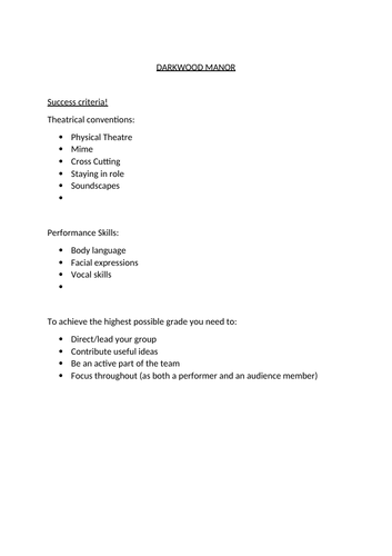 Darkwood Manor (Physical Theatre) | Teaching Resources