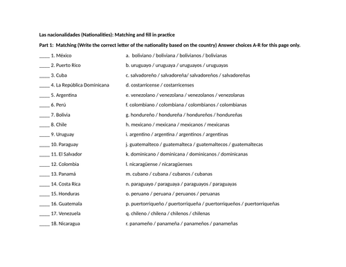 Las nacionalidades (Nationalities): Matching and fill in practice ...