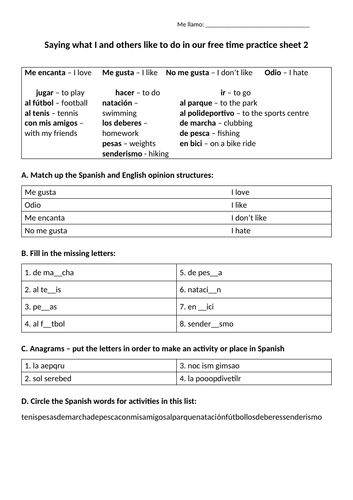 Spanish Free Time Activities Worksheet 2 Vocabulary Building | Teaching ...