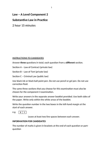 A-Level Law: Paper 2 Mock Exam - Eduqas Contract Option (Tort ...