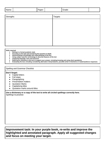 GCSE English Language Reading Feedback Topsheet | Teaching Resources