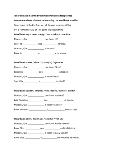 Tener que and ir a infinitive mini conversations fast practice ...
