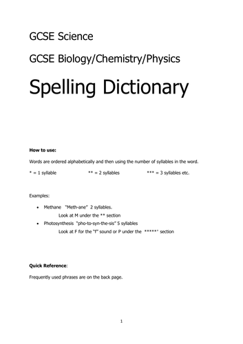 Science Spelling Dictionary | Teaching Resources