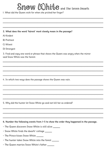 Snow White Reading Comprehension | Teaching Resources
