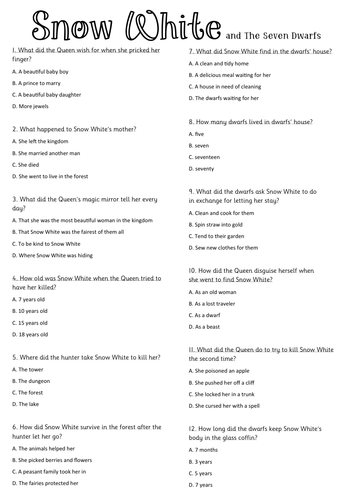 Snow White Reading Comprehension | Teaching Resources