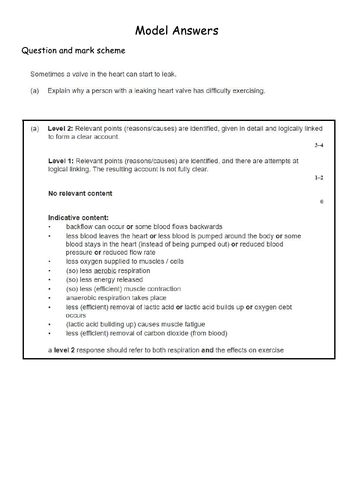 AQA GCSE Biology Heart Valve Leak Model answers | Teaching Resources
