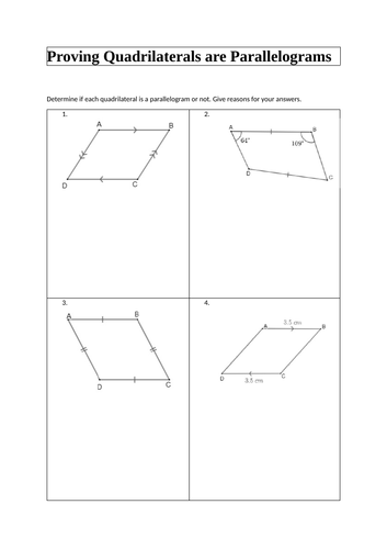 Proving Quadrilaterals are Parallelograms Worksheet (with solutions ...