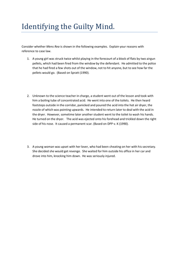 Criminal liability mens rea | Teaching Resources
