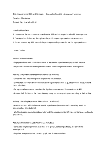 Lesson Plan: Experimental Skills and Strategies (Working Scientifically ...