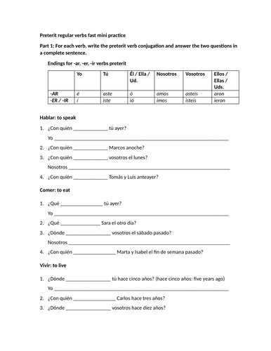 Preterit regular verbs fast mini practice | Teaching Resources
