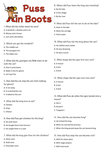Puss in Boots Reading Comprehension | Teaching Resources